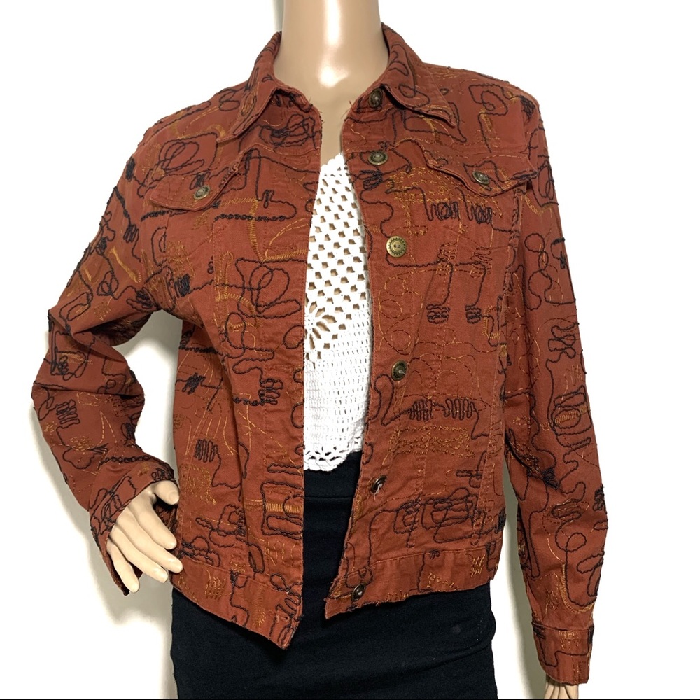 Eclectic Burnt Orange Denim Jacket With Embroidery - Gem